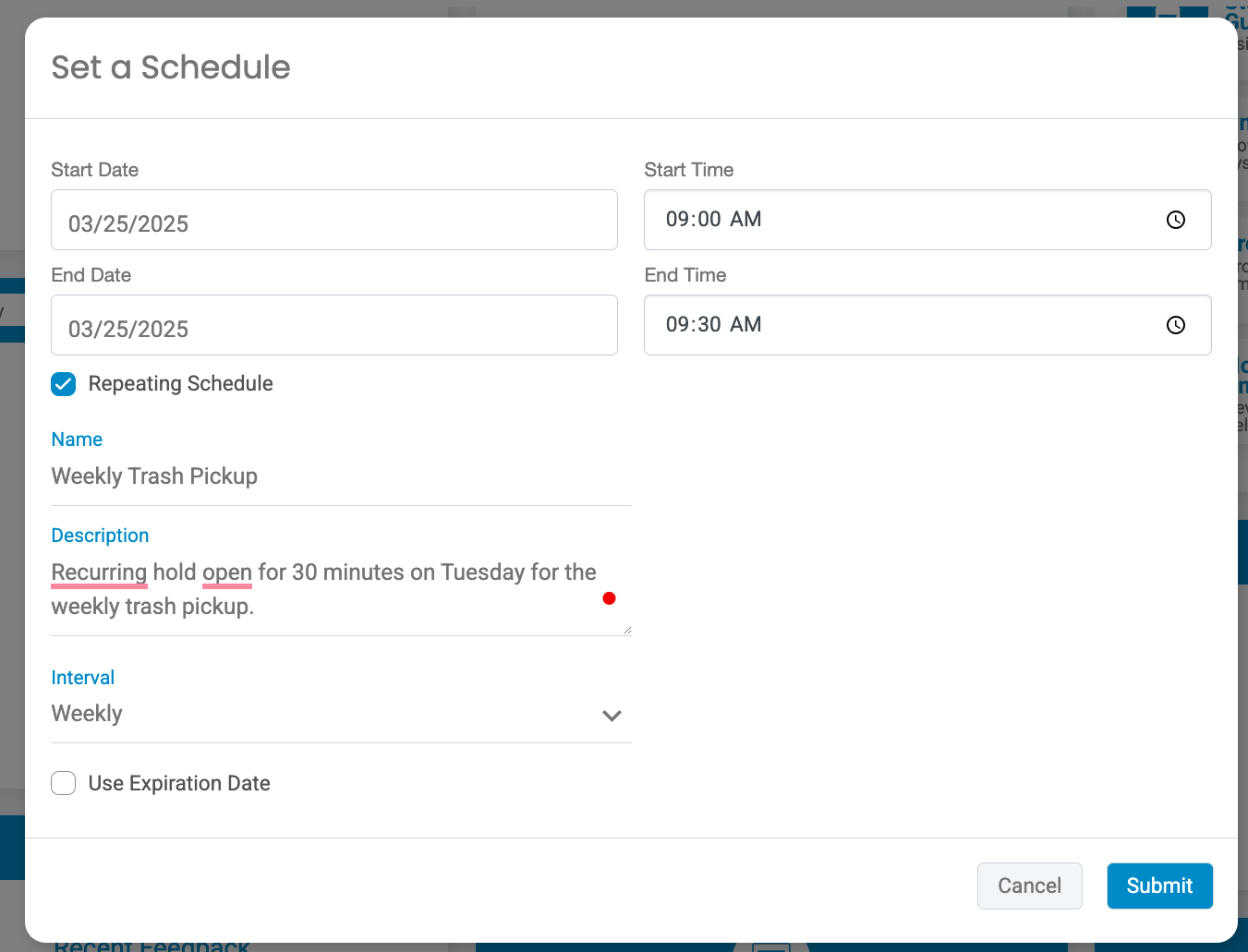 Repeating Hold Open Schedules